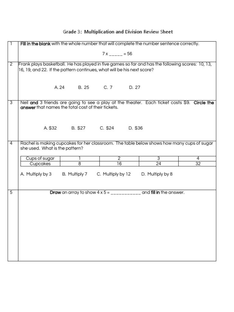 Grade 3: Multiplication and Division Review Sheet | PDF | Teaching ...