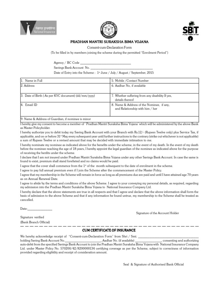 PMSBY Enrollment Form Template | PDF | Insurance | Financial Services