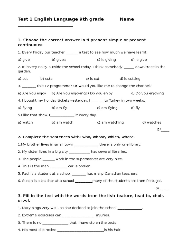 Test 1 English Language 9th Grade | PDF