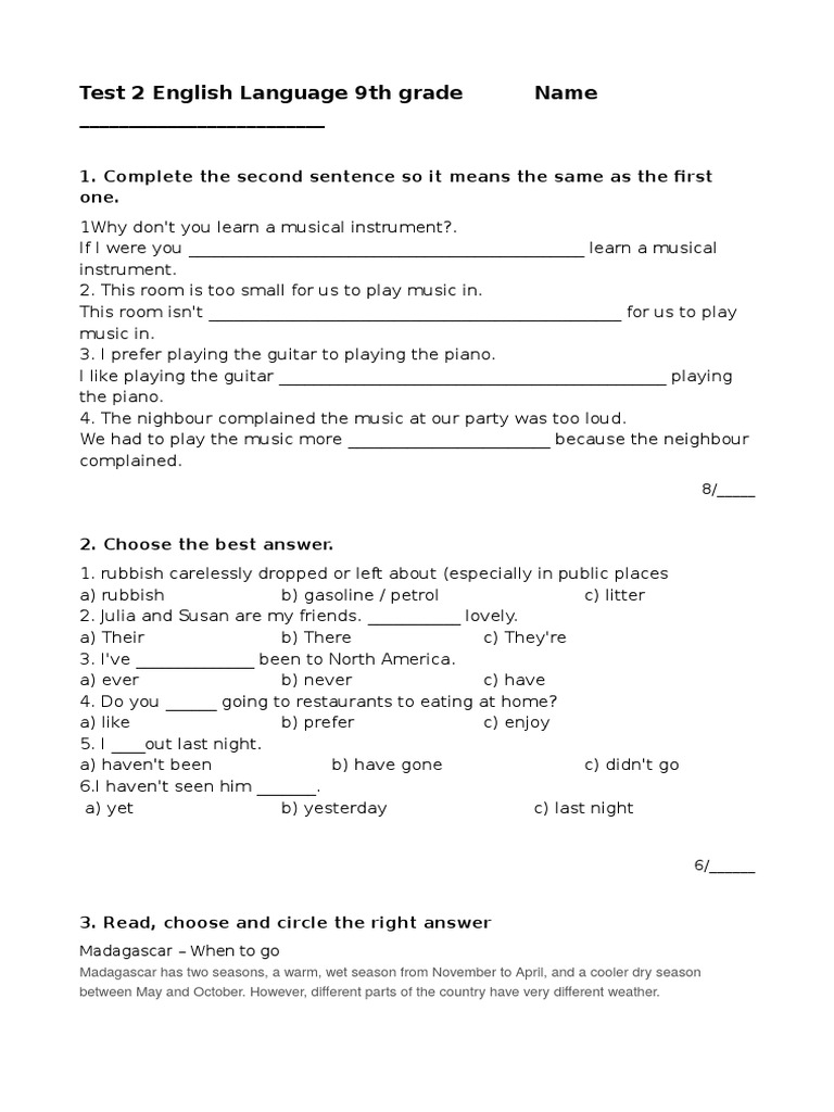 Test 2 English Language 9th Grade | PDF | Monsoon | Rain
