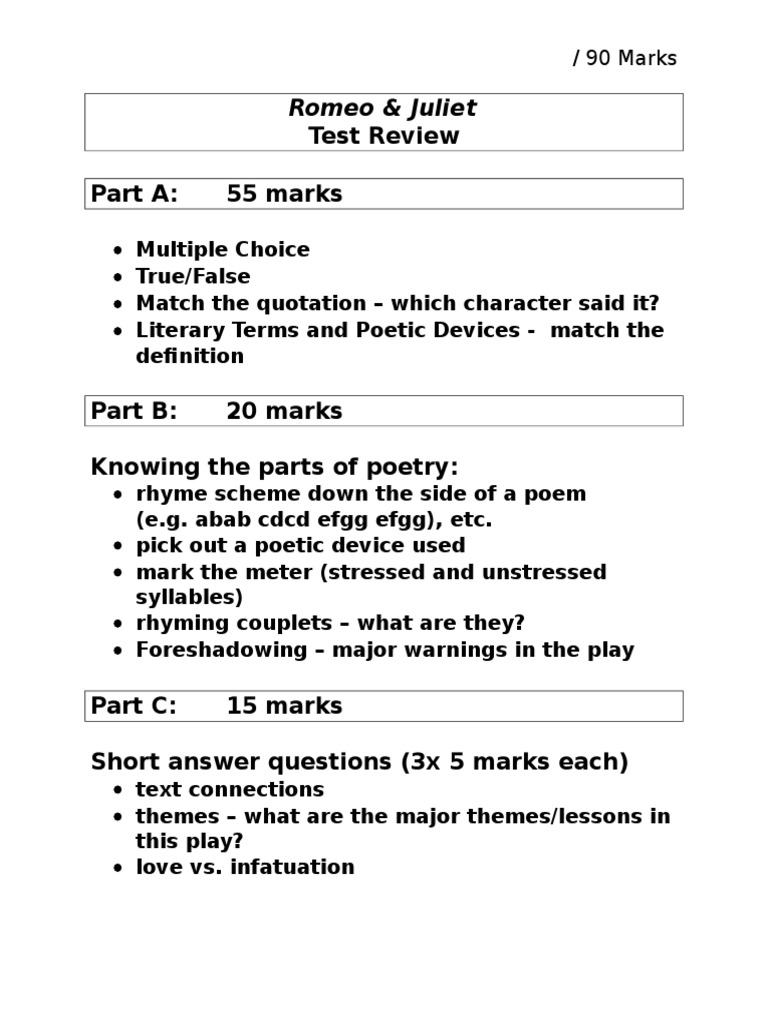 Romeo and Juliet Test Review Guide | PDF