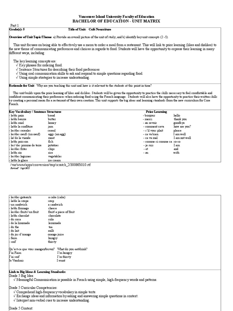 Core French Unit Plan | PDF | Menu | Educational Assessment
