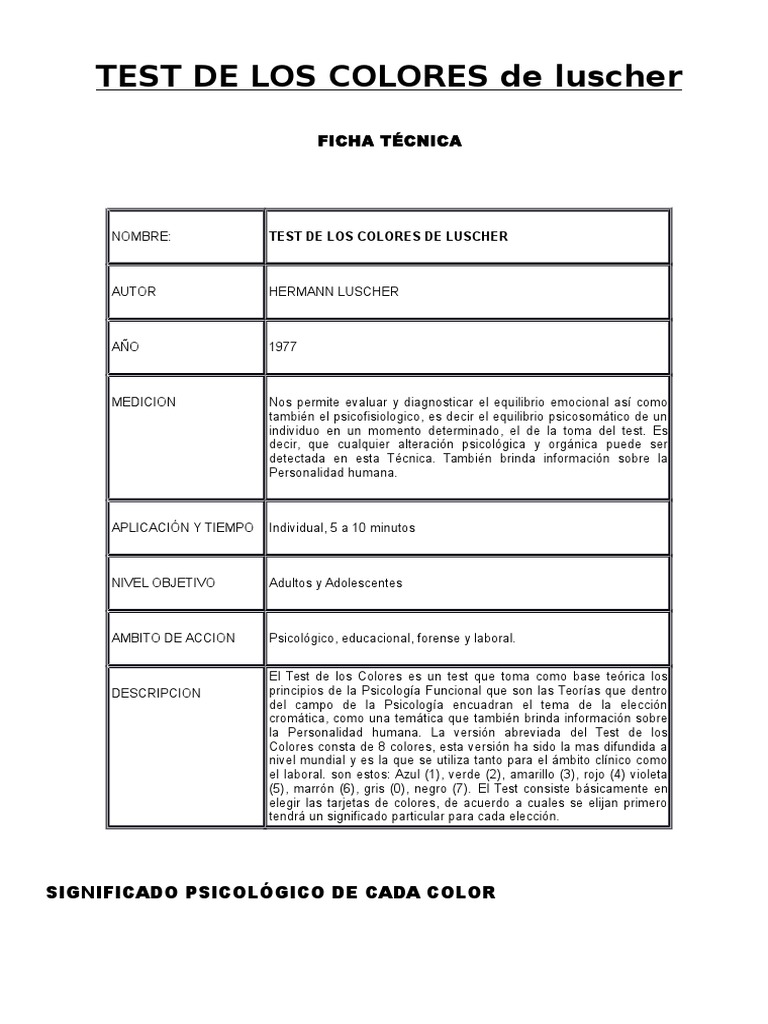 Ficha Técnica Luscher | Color | Felicidad y autoayuda