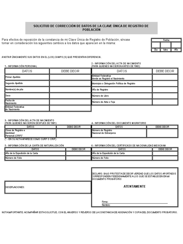 SOLICITUD DE CORRECCIÓN DE DATOS DE LA CURP