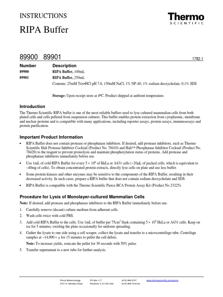 RIPA Buffer: Instructions | PDF | Enzyme Inhibitor | Lysis