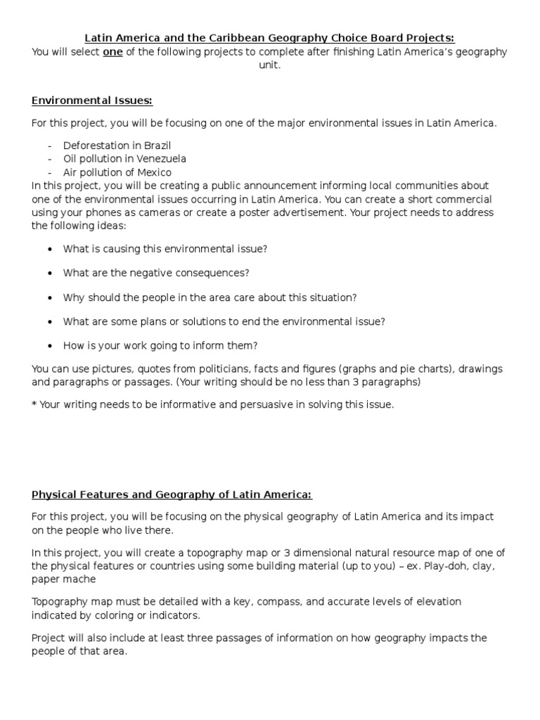 Latin Amierca and The Caribbean Choice Board Project Instructions 2016 ...