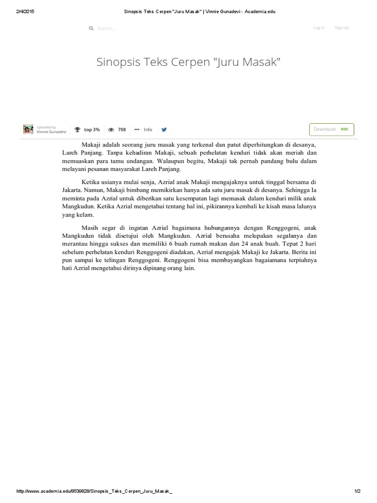 Sinopsis Teks Cerpen - Juru Masak - Vinnie Gunadevi - Academia | PDF