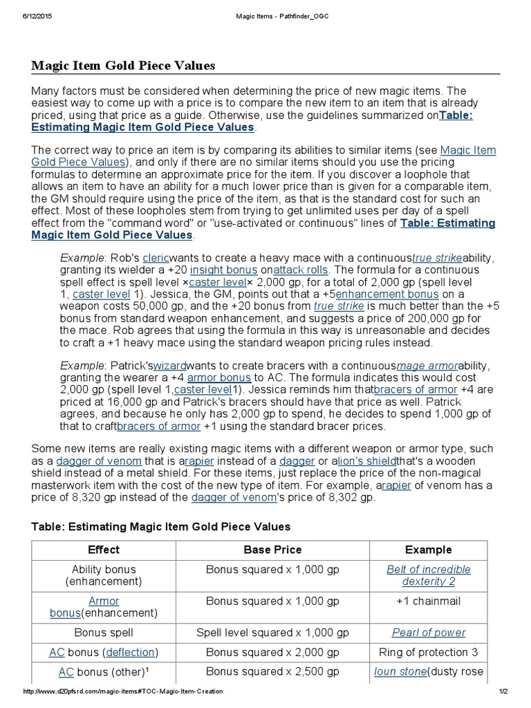 Magic Item Gold Piece Values: Example: Rob's | PDF | Armour | Prices