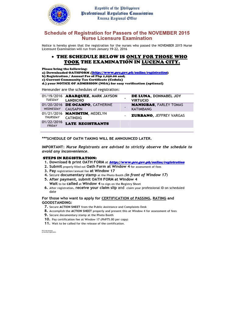 Schedule of Registration Lucena NLE Passers | PDF | Government | Business