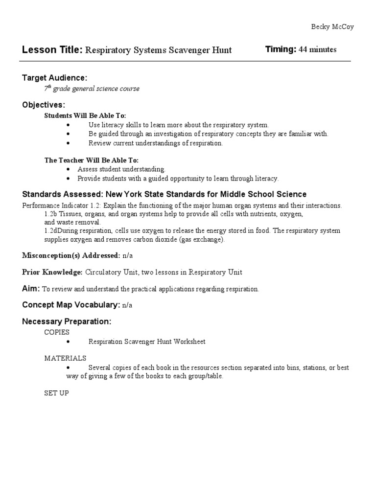 Respiratory System Scavenger Hunt | PDF | Cellular Respiration ...
