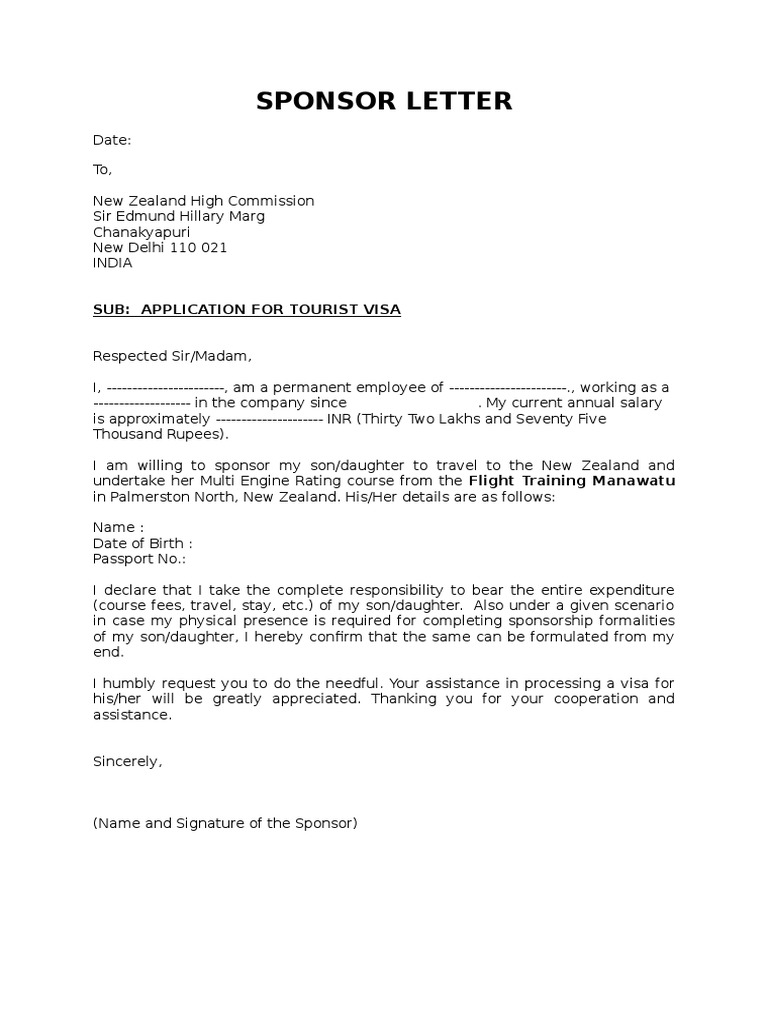 Sponsor letter for NZ tourist visa application for flight training | PDF