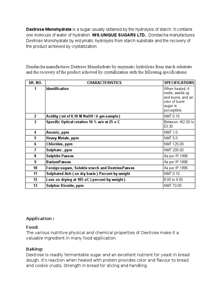 Dextrose Monohydrate Production and Uses | PDF | Glucose | Breads