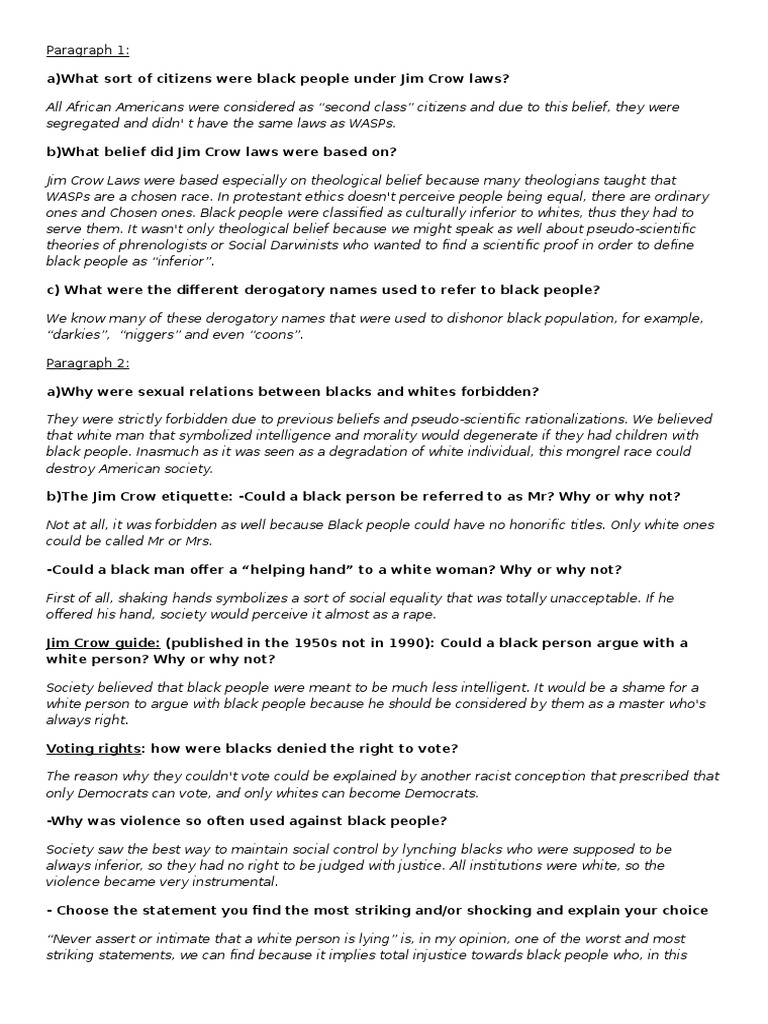 Jim Crow Laws - Homework | PDF | Jim Crow Laws | Black People