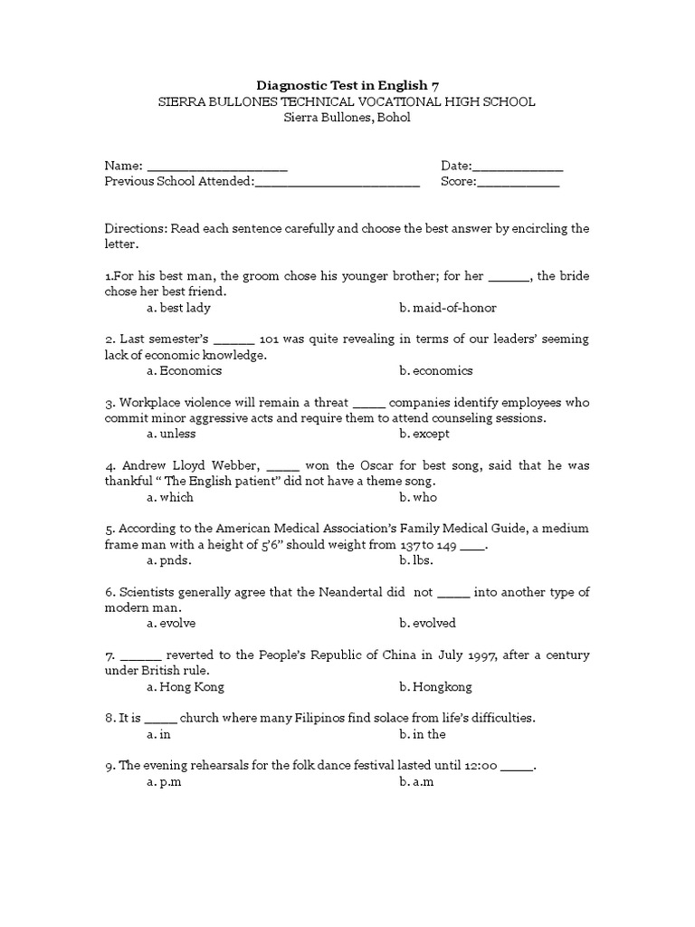 English 7 Diagnostic Test | PDF | Schools
