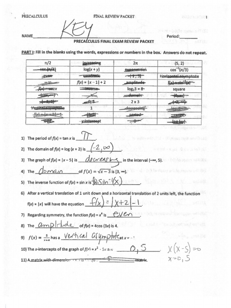 Precalculus Final Exam Review Packet Fall 2015 Answer Key | PDF
