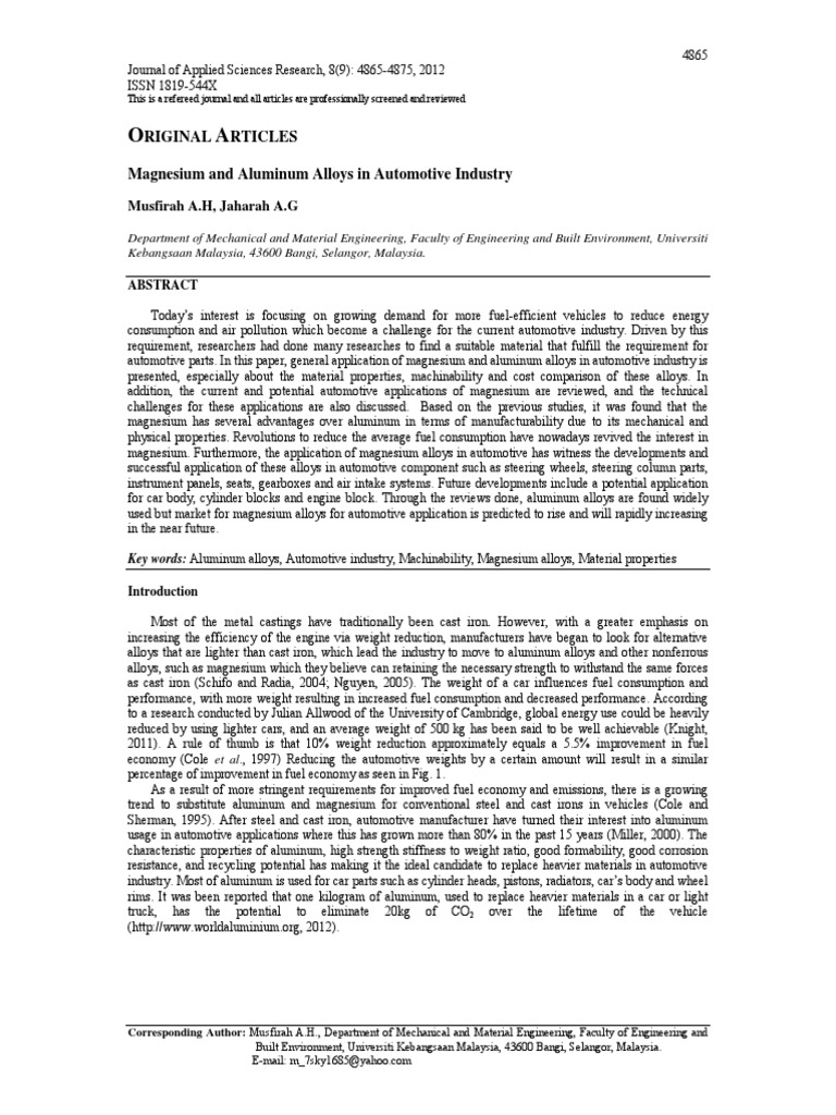 Magnesium Alloys in Automotive Applications | PDF | Aluminium | Alloy
