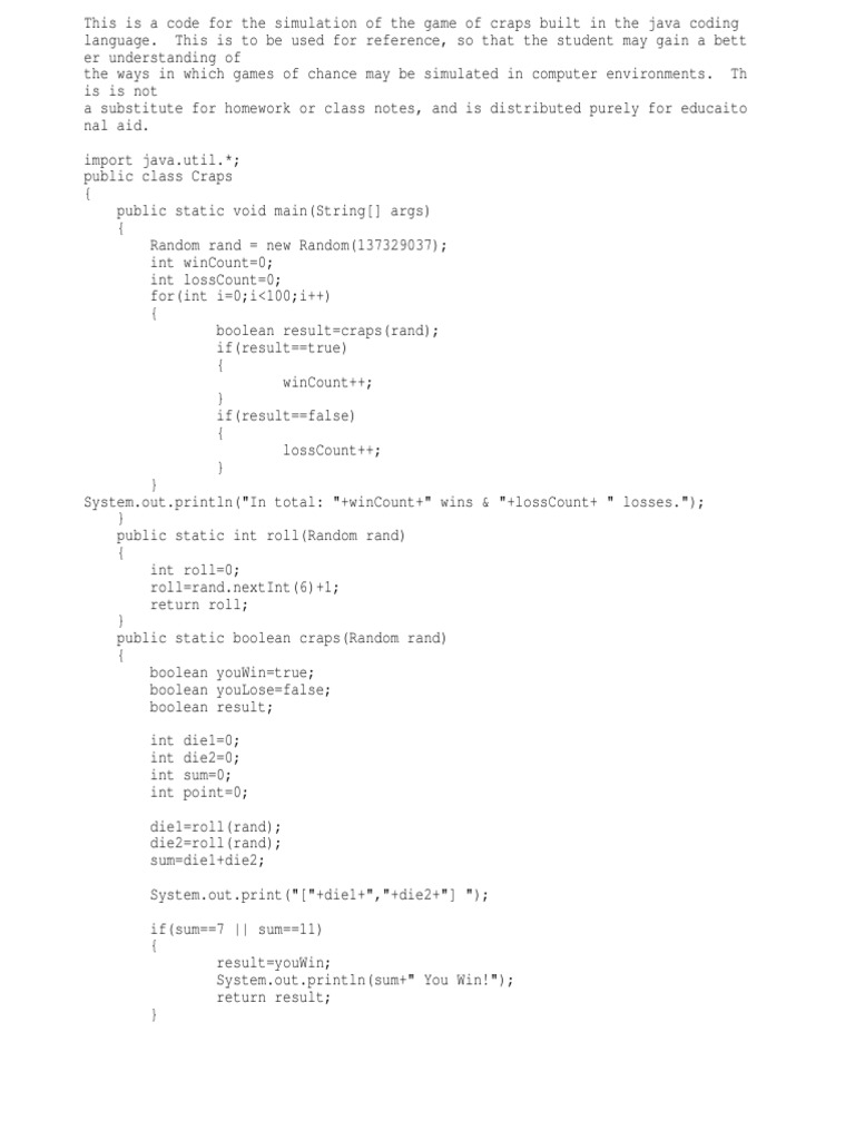 Java Craps Game | PDF