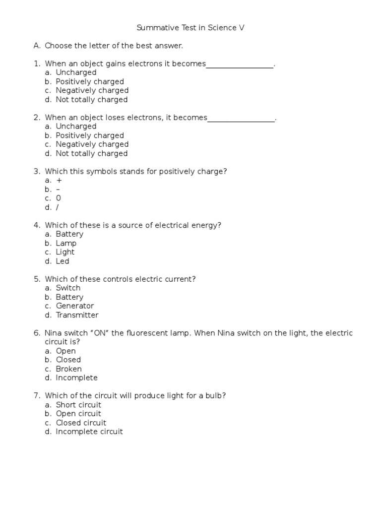 Summative Test in Science V | PDF | Series And Parallel Circuits ...