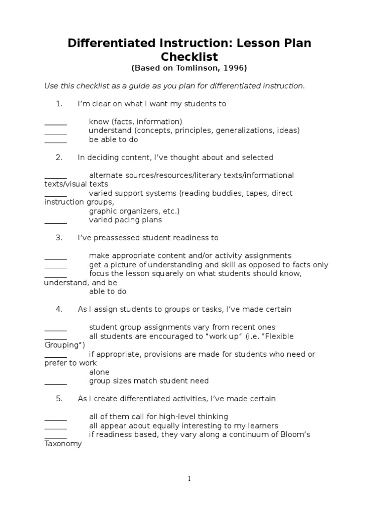Differentiated Instruction Lesson Plan Checklist | PDF | Differentiated ...