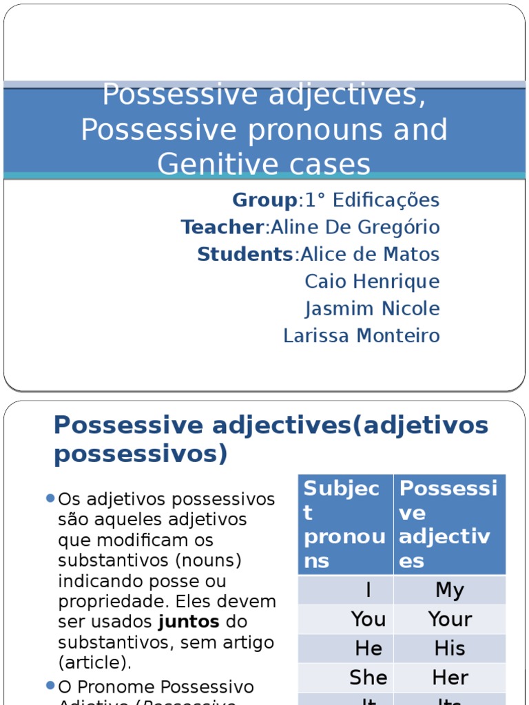 Possessive Pronouns, Possessive Adjectives and Genitive Cases | PDF ...