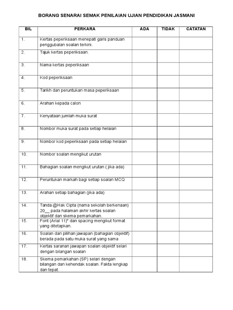 Contoh Senarai Semak Soalan Ujian - JaniyaqiGay