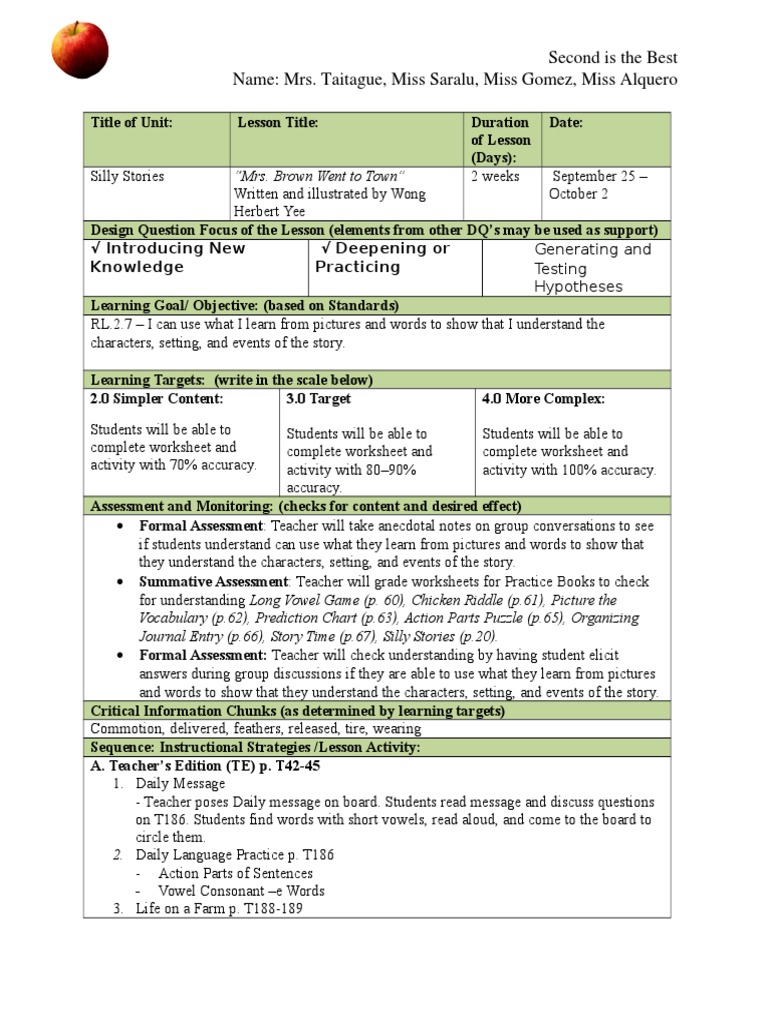 Silly Stories Lesson Plan: Mrs. Brown | PDF | Pedagogy | Cognition