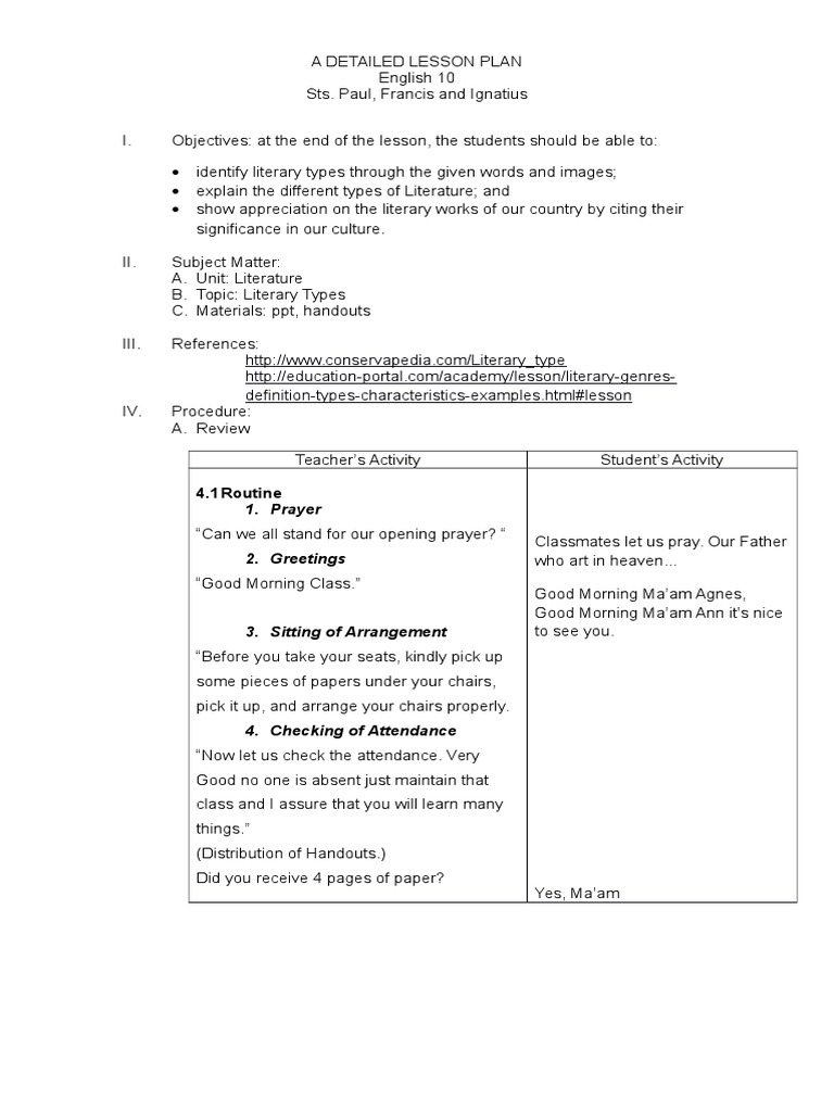 Grade 10 Literary Types Lesson Plan | PDF | Narrative | Poetry