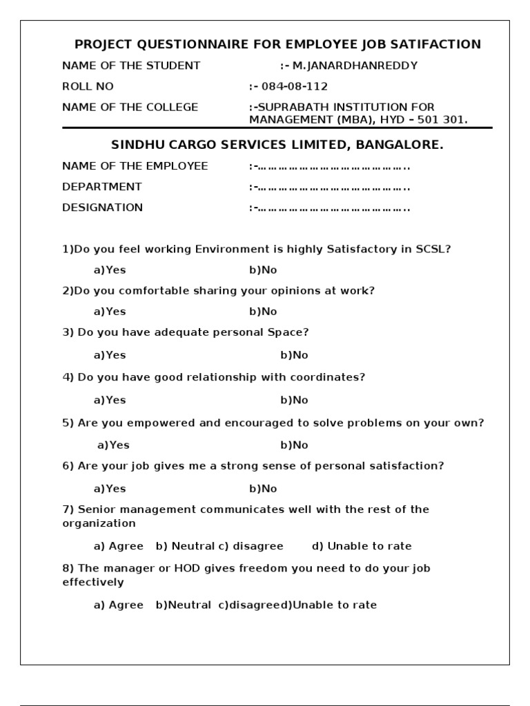 Questionnaire Survey For Job Satisfaction 20 Key Employee Satisfaction