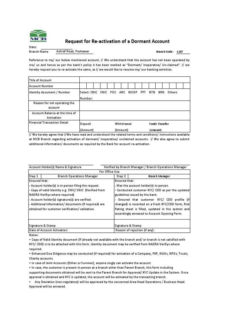 Dormant Account Reactivation Request Form | PDF | Identity Document | Money
