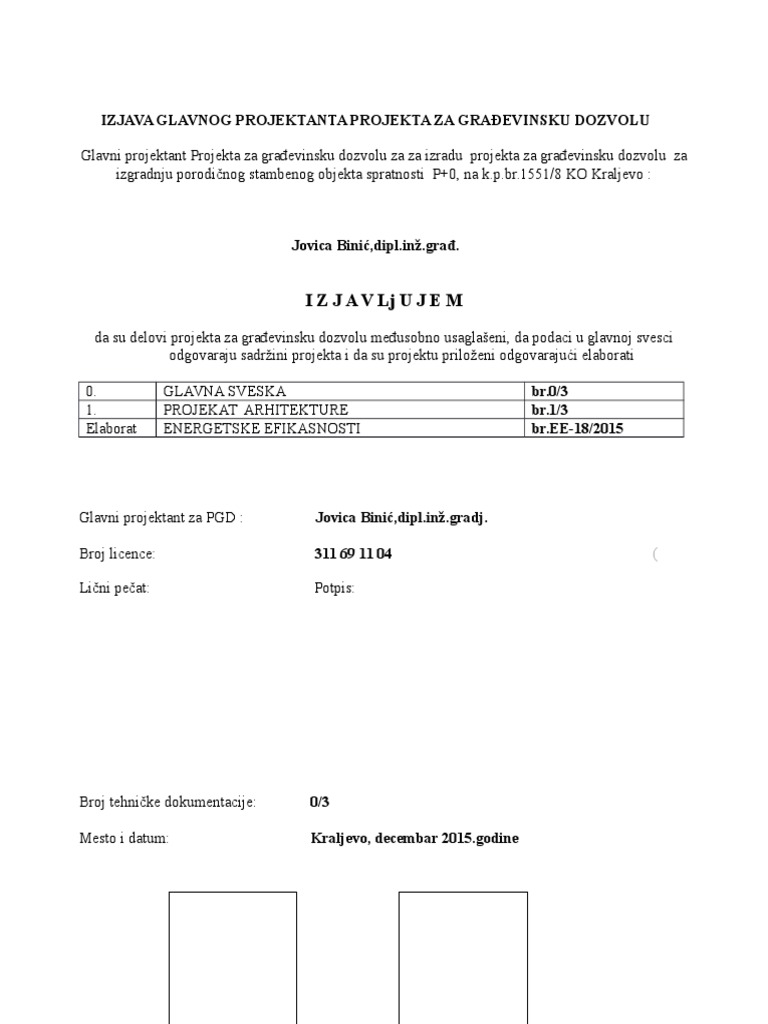 Izjava Glavnog Projektanta | PDF