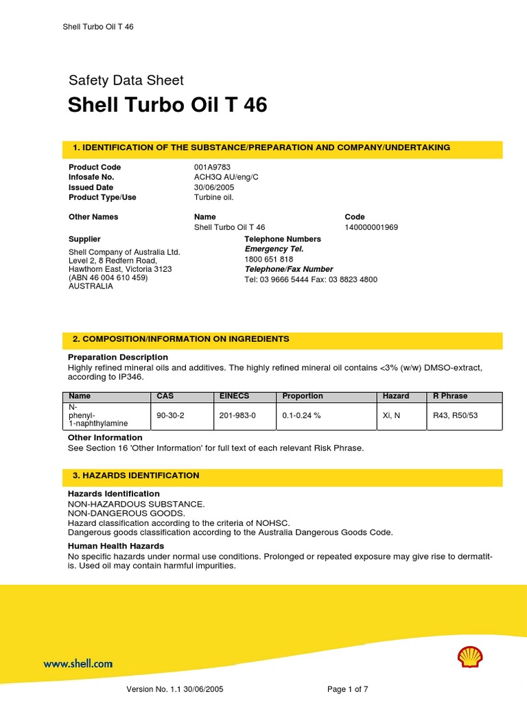 Shell Turbo Oil T 46 Safety Data Sheet | PDF | Dangerous Goods | Toxicity