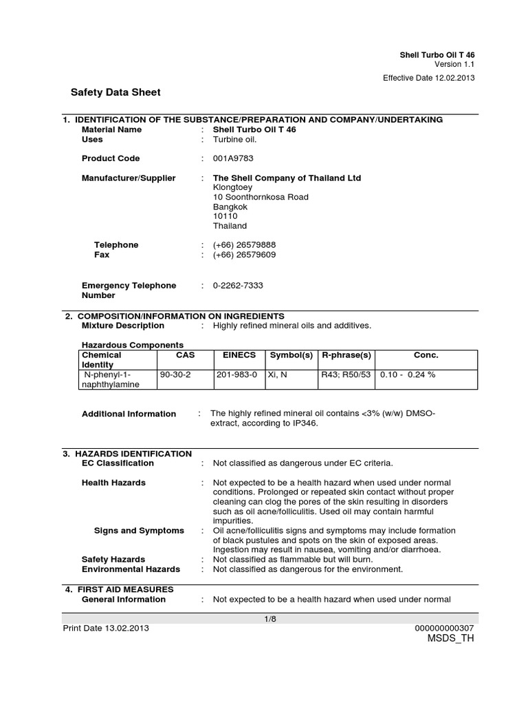 Shell Turbo Oil T 46 Safety Data Sheet | PDF | Personal Protective ...