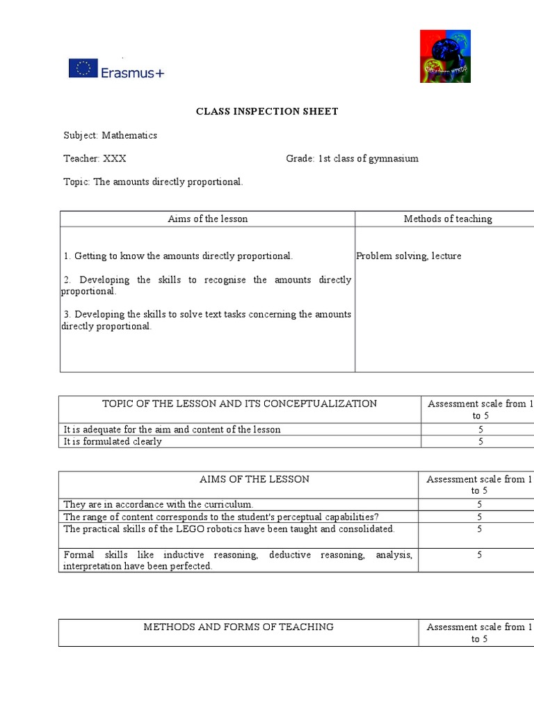 Example Class Inspection Sheet Maths | PDF | Educational Assessment ...