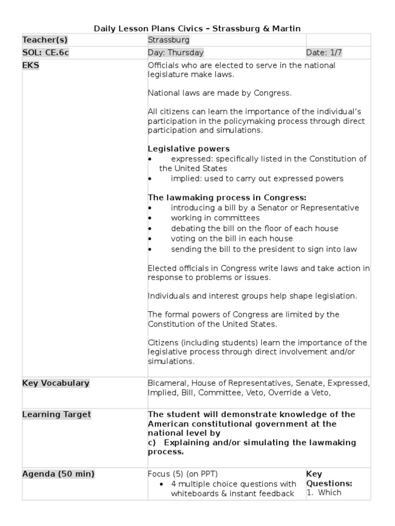 Sample Lesson 1 - Civics Economics 8 | PDF | Veto | United States ...