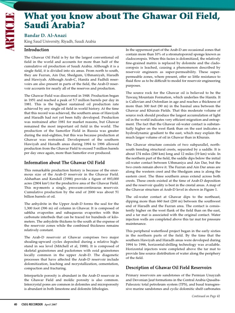 Overview of Ghawar Oil Field, Saudi Arabia | PDF | Petroleum Reservoir ...