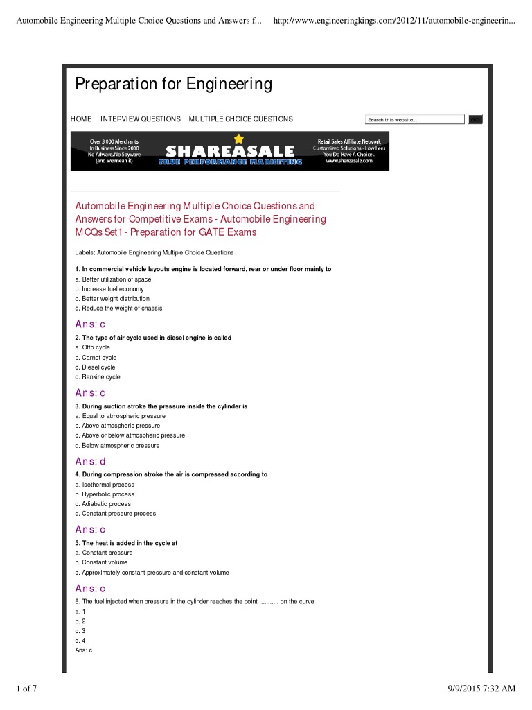 Automobile Engineering Multiple Choice Questions and Answers For ...