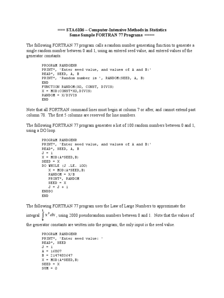 Hand Out Fortran 77 | PDF | Randomness | Pi