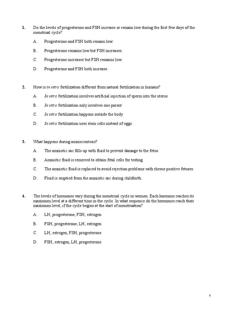 Multiple Choice Questions: Reproduction | PDF | Luteinizing Hormone ...