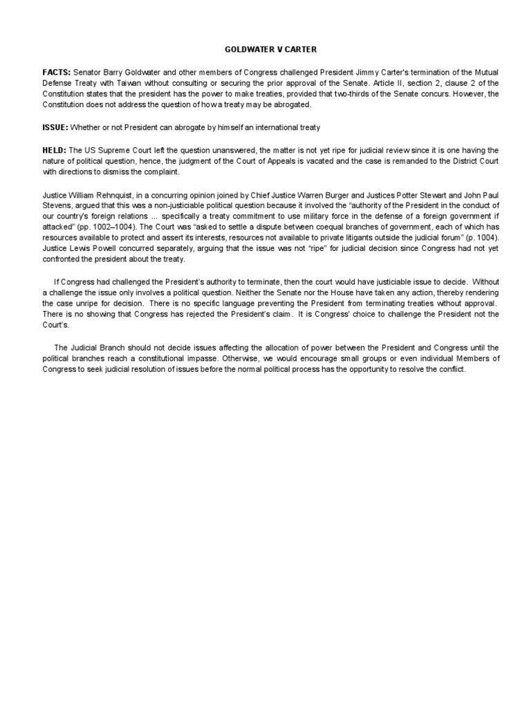 Goldwater V Carter | PDF | United States Supreme Court Cases | Supreme ...