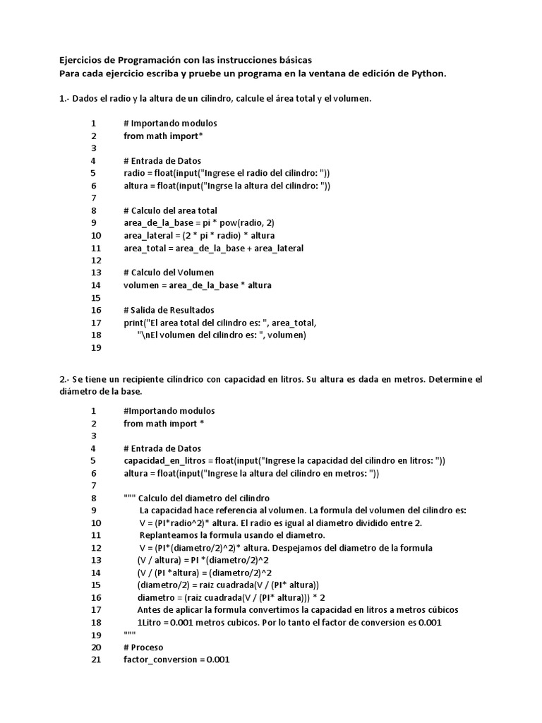 Ejercicios Python | PDF | Volumen | Python (lenguaje de programación)