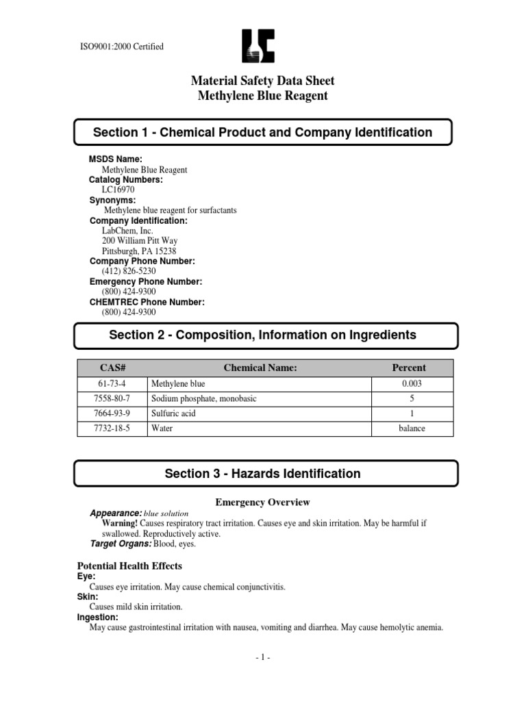 MSDS Methylene Blue | PDF | Personal Protective Equipment | Magnesium