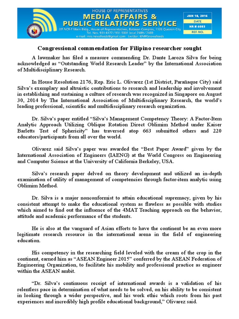 Jan18.2016congressional Commendation For Filipino Researcher Sought ...