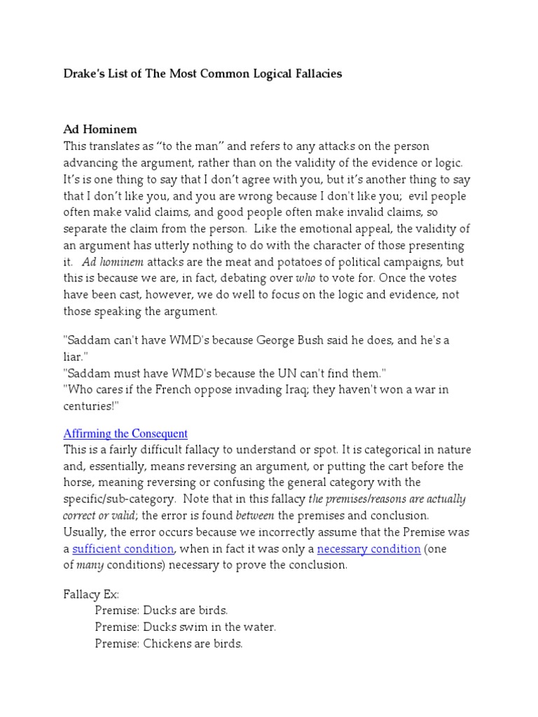 Drake's List of Common Logical Fallacies | PDF | Fallacy | Argument