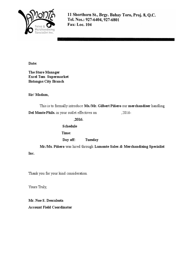 Intro Letter Del Monte - Excel.blank | PDF | Law