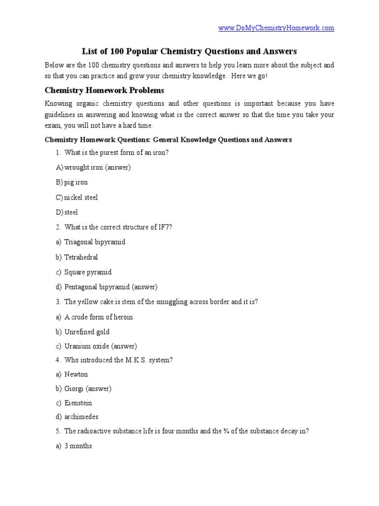 100 Chemistry Q&A for Homework Help | PDF | Proton | Ion