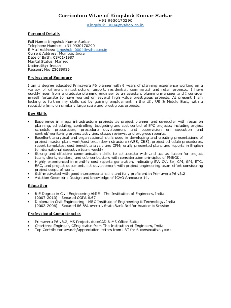 Kingshuk Sarkar CV - Planner | PDF | Airport | Business