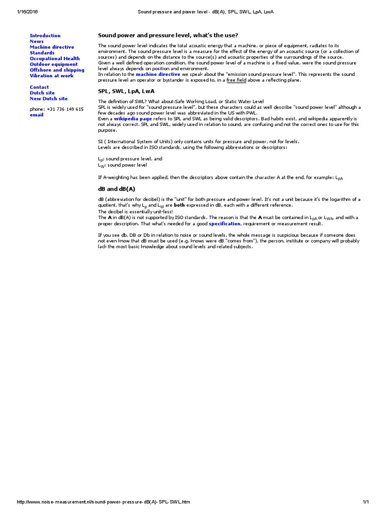 Sound Pressure and Power Level - DB (A), SPL, SWL, LpA, LwA | PDF ...