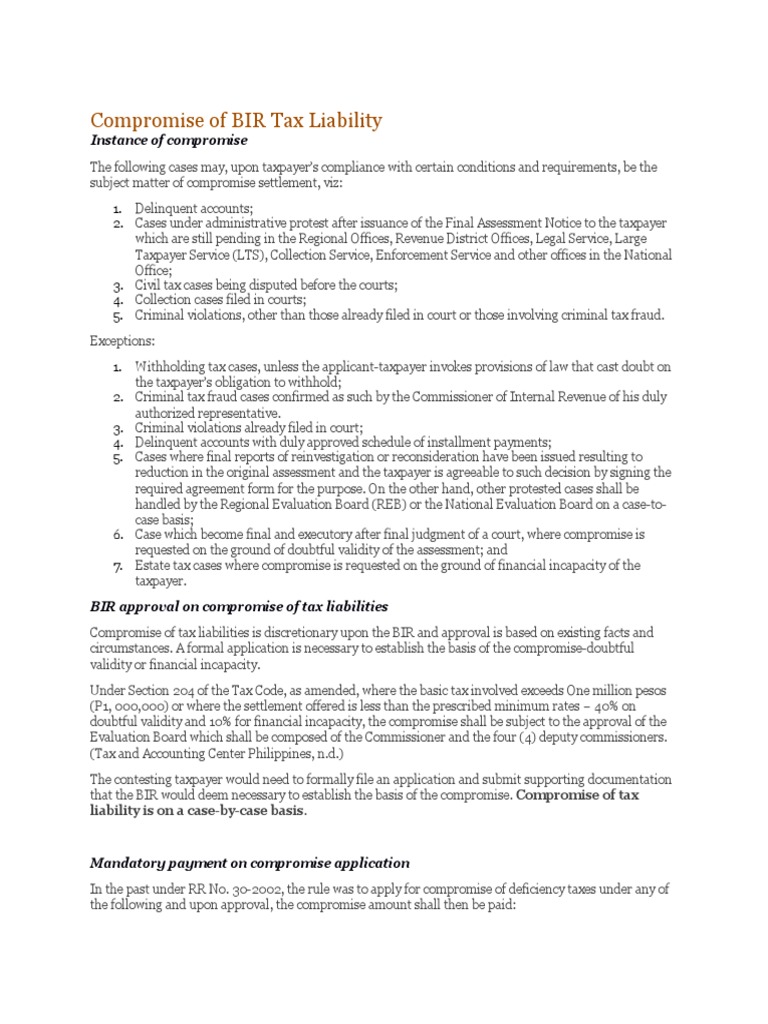 Compromise of BIR Tax Liability | PDF | Tax Noncompliance | Taxpayer