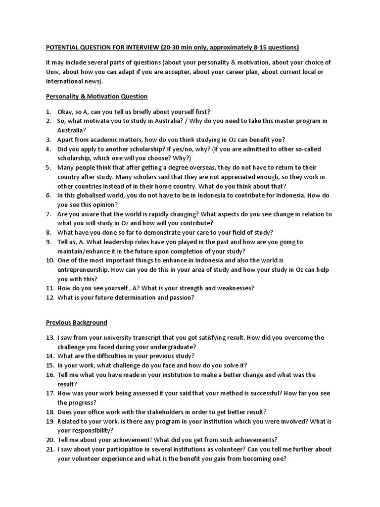 Potential Interview Questions | PDF | Indonesia | Motivation