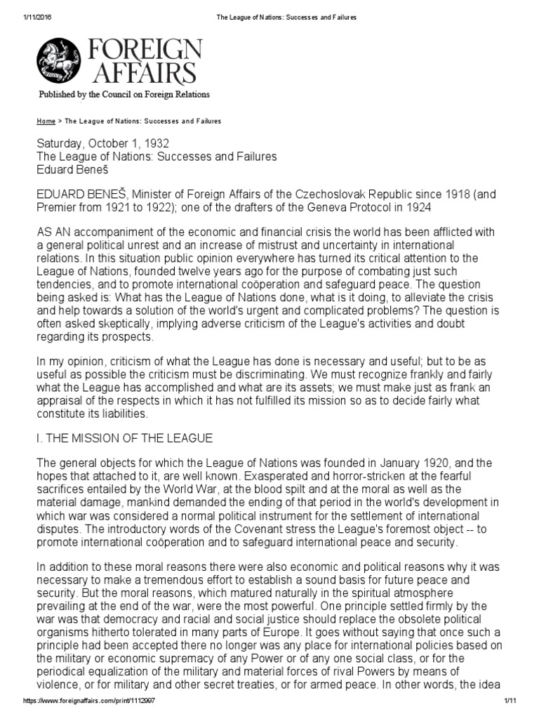 The League of Nations Successes and Failures | PDF | League Of Nations ...